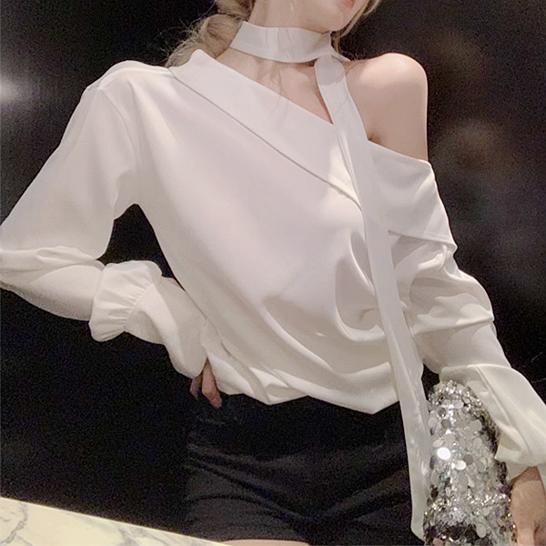 One-Shoulder Halter Neck Ribbon White Shirt – DRESSVY