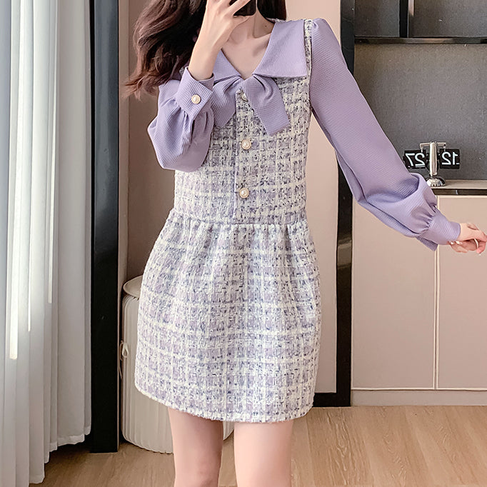 Elegant Purple Tweed Colorblock Dress – DRESSVY
