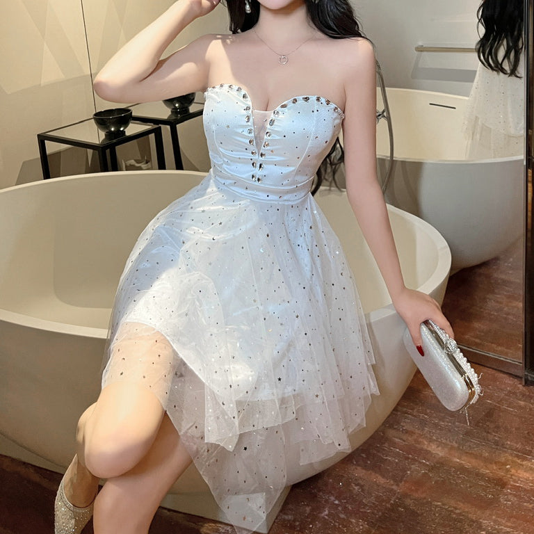 Mesh Diamond-Embellished Tube Top Puffy Dress – DRESSVY