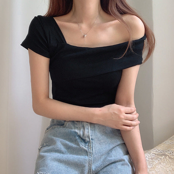Irregular off-shoulder one word collar top – DRESSVY