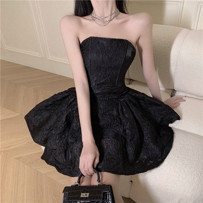 Jacquard Bandeau Sleeveless Black Puff Dress – DRESSVY