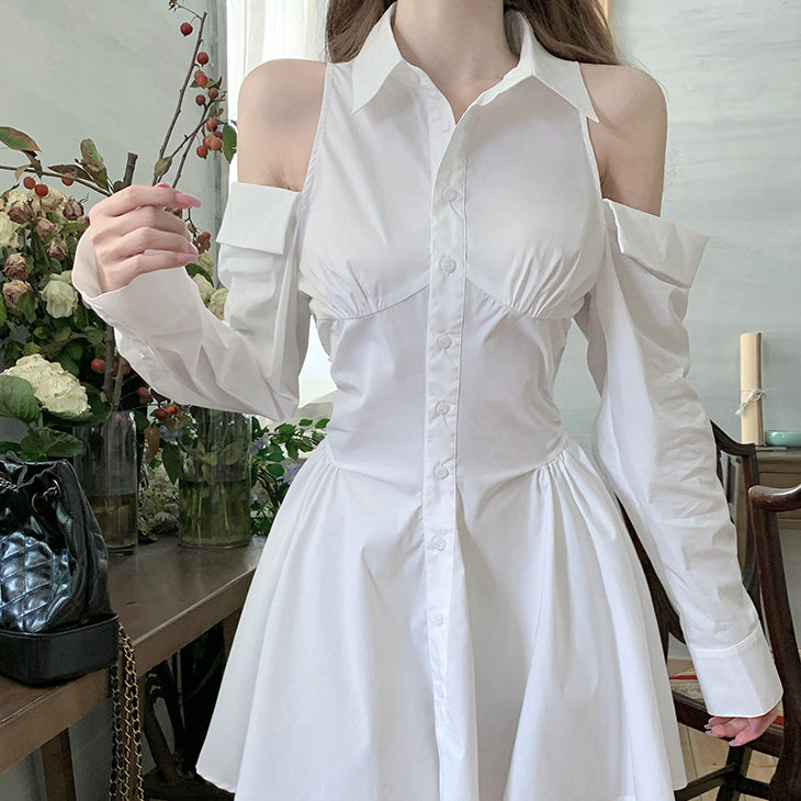 Off-The-Shoulder Fitted Single-Breasted Shirt Dress – DRESSVY
