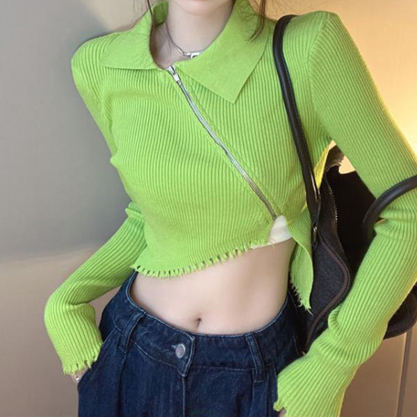 Slanted Zipper Irregular Lapel Cropped Knitted Top – DRESSVY