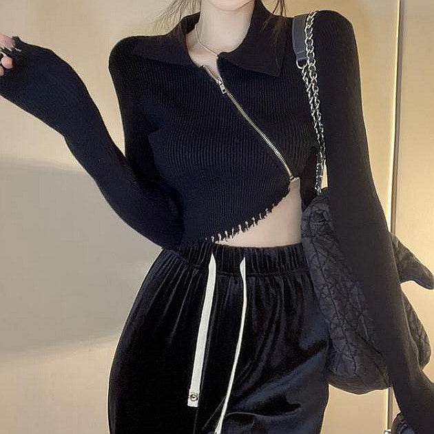 Slanted Zipper Irregular Lapel Cropped Knitted Top – DRESSVY