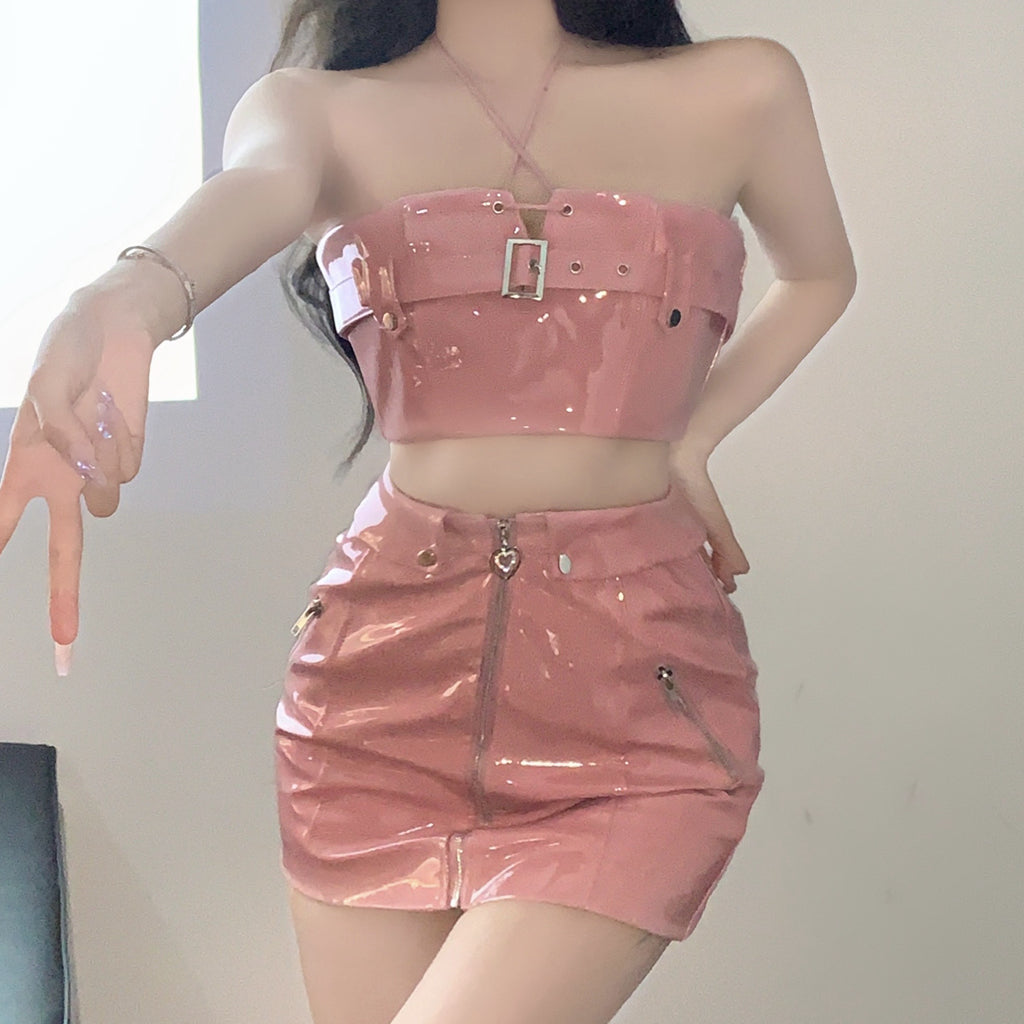 Halter Neck Tube Top Vest Zipper Skirt Pink Set – DRESSVY