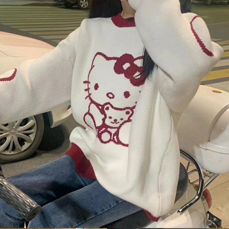 Loose Soft Contrast Color Cartoon Hello Kitty Knit Sweater Top – DRESSVY