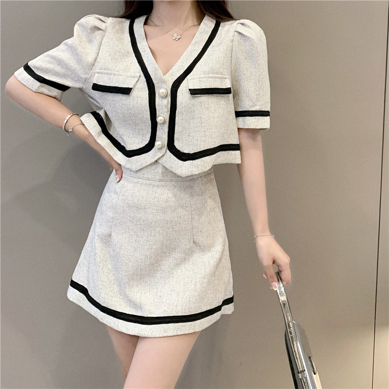 V-Neck Short-Sleeved High-Waisted A-Line Skirt Two-Piece Suit – DRESSVY